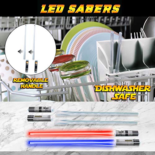 LIGHTSABER CHOPSTICKS LIGHT UP STAR WARS LED Glowing Light Saber Chop Sticks REUSABLE Sushi Lightup Sabers Removable Handle Dishwasher Safe 8 Color Modes 2 Pairs