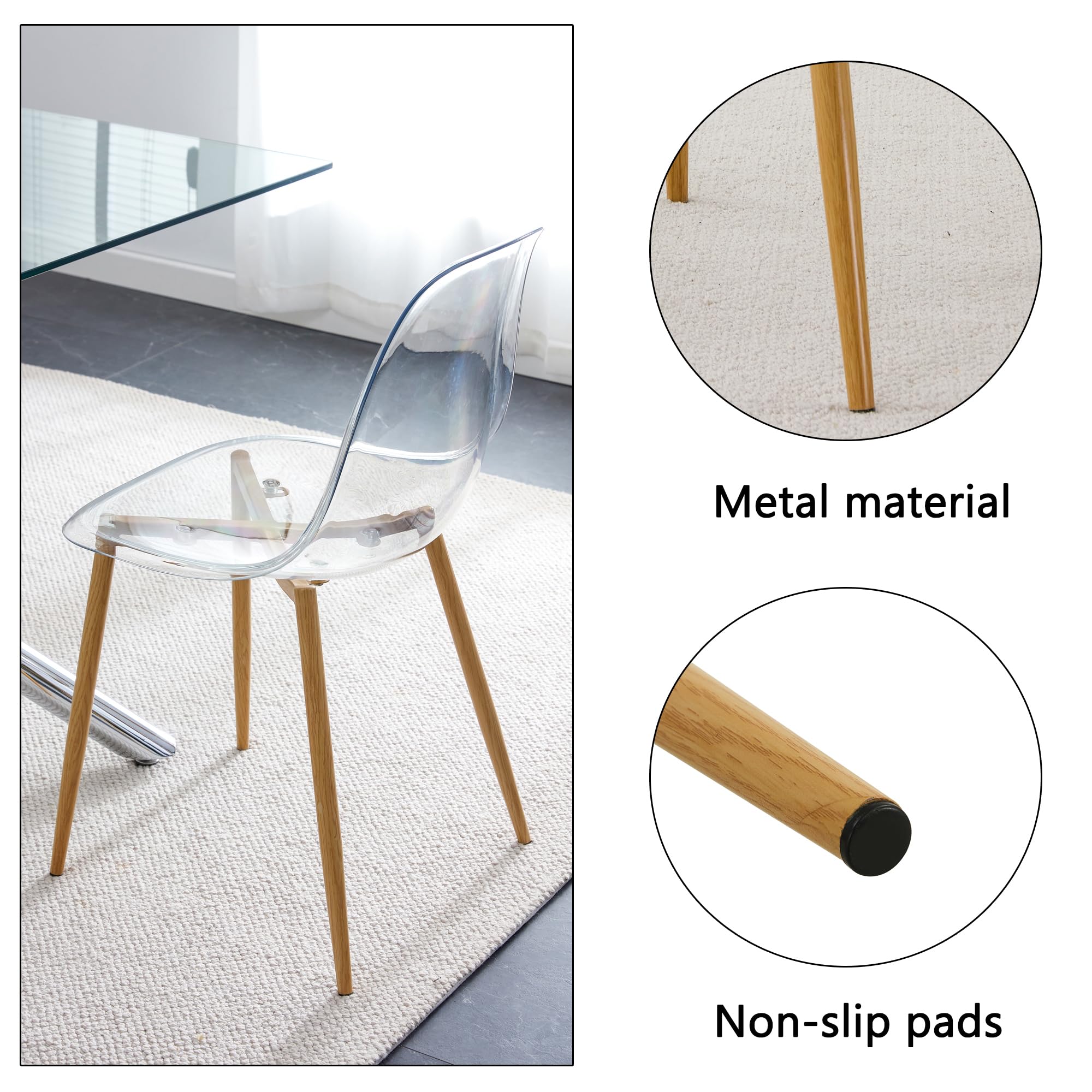 Henf Transparent Dining Table Set for 4 Persons,5-Piece Dining Table Set with 4 Plastic Chair for Kitchen Dinette,51'' Glass Dining Room Table and Chair Set,Breakfast Nook w/ 4 Chairs (Light Brown)