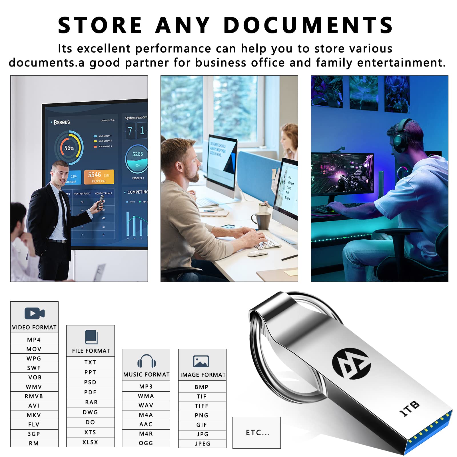 rosarilly USB Flash Drive 1TB Waterproof Thumb Drive Memory Stick Metal USB Drive 1000GB USB Stick with Keychain Jump Drive USB Storage for PC Laptop Computer