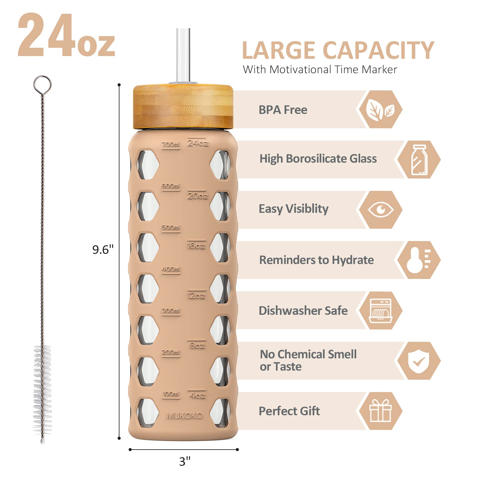 MUKOKO 32oz Glass Water Bottles with 2 Lids-Handle Spout Lid&Bamboo Straw Lid, Motivational Water Tumbler with Time Marker Reminder and Silicone Sleeve, Leakproof-Amber-1 Pack