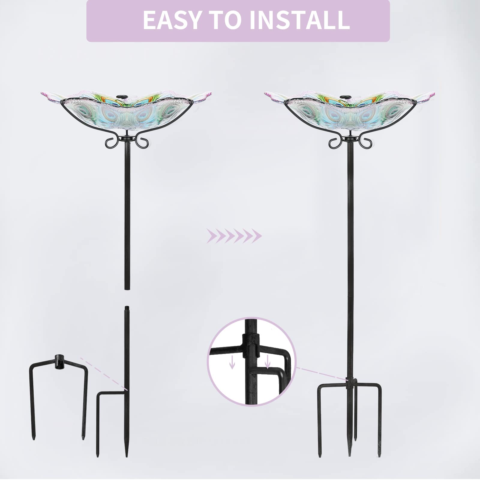 MUMTOP Glass Bird Bath, Garden Outdoor Birdbaths Birdfeeder with Metal Stake Peacock Bird Baths for Outside Yard