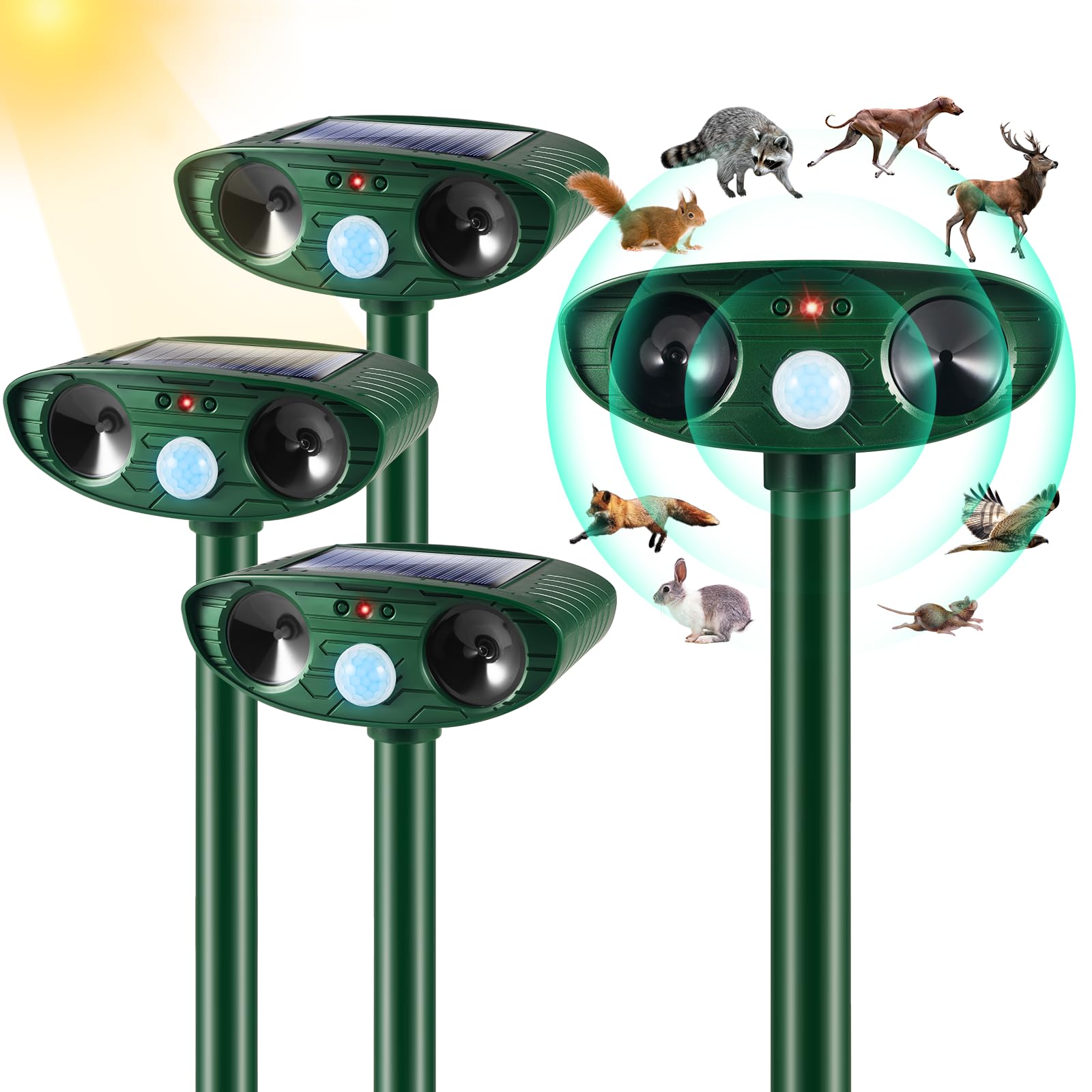 Ultrasonic Animal Repellent Outdoor Deer Repellent Sonic Cat Repellent Deterrent Solar Animal Repeller Squirrel Rabbit Repellent Raccoon Repellent with PIR Motion Detection Stray Cat Devices,4 Pack