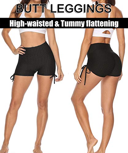 Jenbou High Waisted Booty Shorts for Women TIK Tok Butt Lifting Workout Shorts Anti Cellulite Textured Tights A-Black