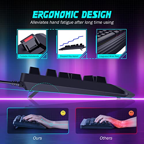 yesbeaut Gaming Keyboard, 7-Color Rainbow LED Backlit, 104 Keys Quiet Light Up Keyboard, Wrist Rest, Whisper Silent, Anti-ghosting Multimedia Keys, Waterproof USB Wired Keyboard for PC Mac Xbox