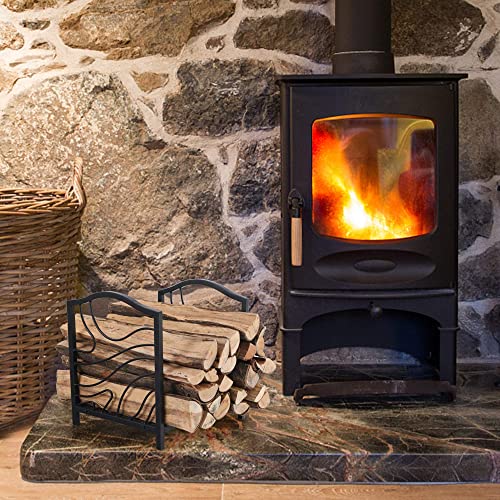 PHI VILLA 17 Inch Firewood Log Rack Bin Indoor/Outdoor Decor Steel Fireplace Wood Holder Storage Brackets Holder Wood Burning Stove Accessories, Black Wave