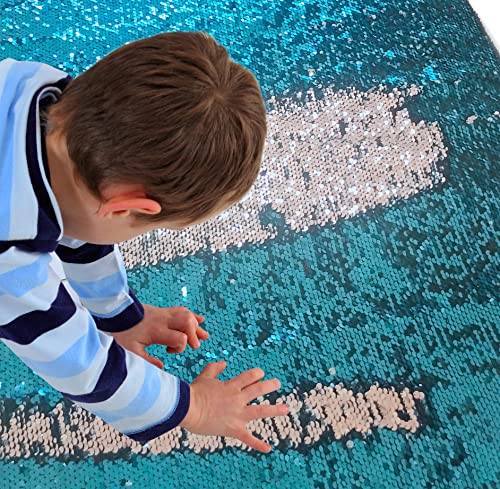Sensory Wall Sequin Flip Fabric for Kids,2Yard Large Sequins Sensory Graffiti Fabric for Toddlers,Tactile Stimulation,Reversible Glitter Fabric (2 yd, Lake Blue + Silver)