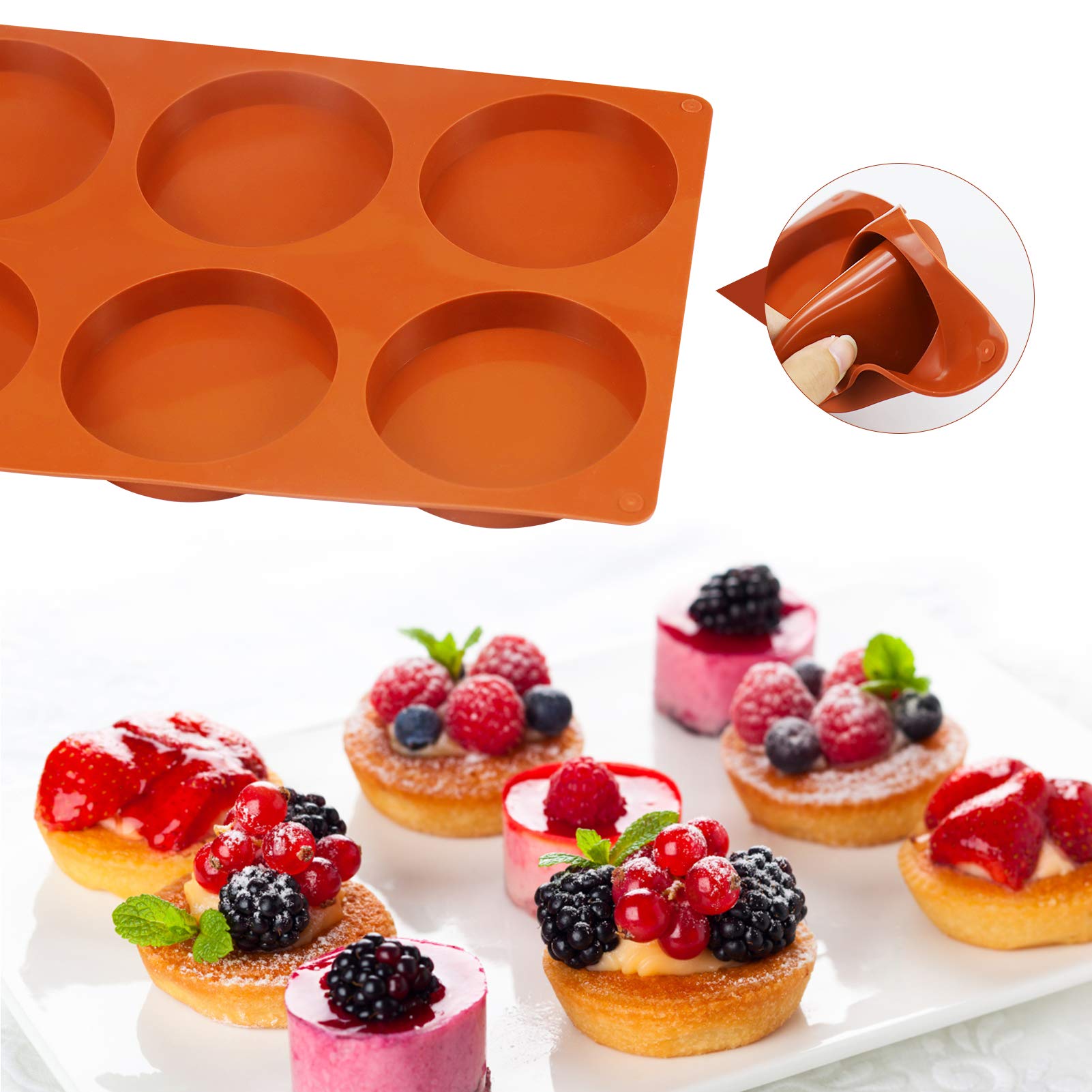 Palksky Silicone Molds for Baking (2 Pack)6-Cavity Large Round Disc Mold/English Muffins Pan/Resin Coaster Mold Non-Stick for Hamburger Chocolate Cake Pie Custard Tart Whoopie Pie Egg Pan