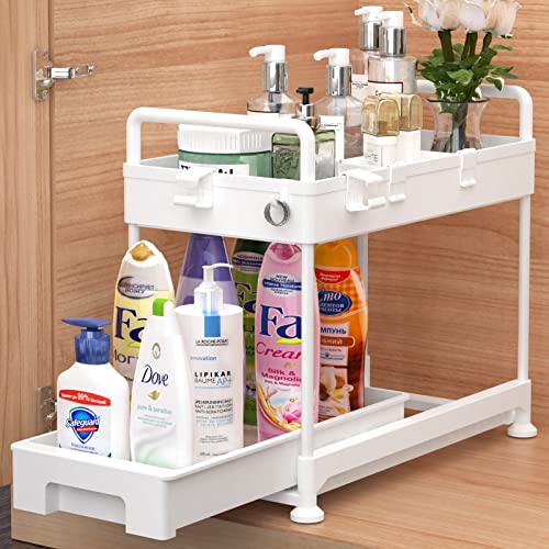 SOLEJAZZ 2-Tier Under Sink Organizer, Under Bathroom Sink Cabinet Sliding Under Sink Storage Organization, Multi-purpose Kitchen Shelf with Hooks, Hanging Cup, White