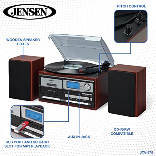 JENSEN JTA-575 JTA-575 3-Speed 10-Watt Belt-Drive Turntable System with CD Player, Cassette Player/Recorder, AM/FM Stereo Radio, and Speakers