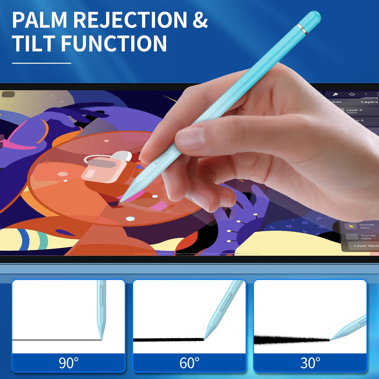 Stylus Pen for iPad with Palm Rejection, Bluetooth Active Pencil Compatible with (2018-2022) iPad 8th/7th/6th, Pro 11/12.9 in, Air 5th/4th/3rd, Mini 5th/6th, Tilt Sensitive (Gradient Sky Blue)