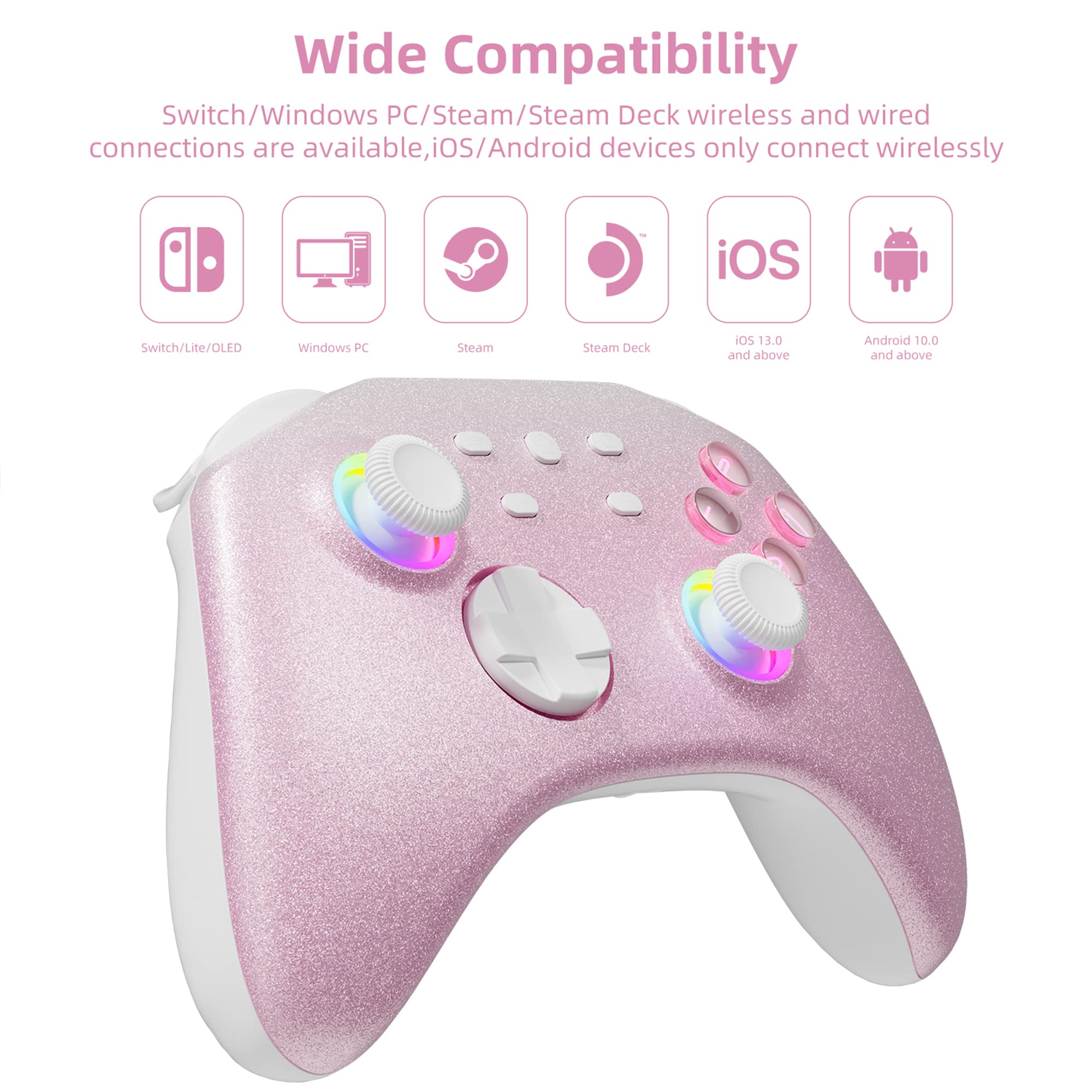 Pink Wireless Switch Controller for Switch/OLED/Lite Steam Deck, Pro Controller with Turbo, Motion, Vibration, Wake-Up, Headphone Jack and Dynamic Joystick RGB Lighting, Gaming Genshin Impact