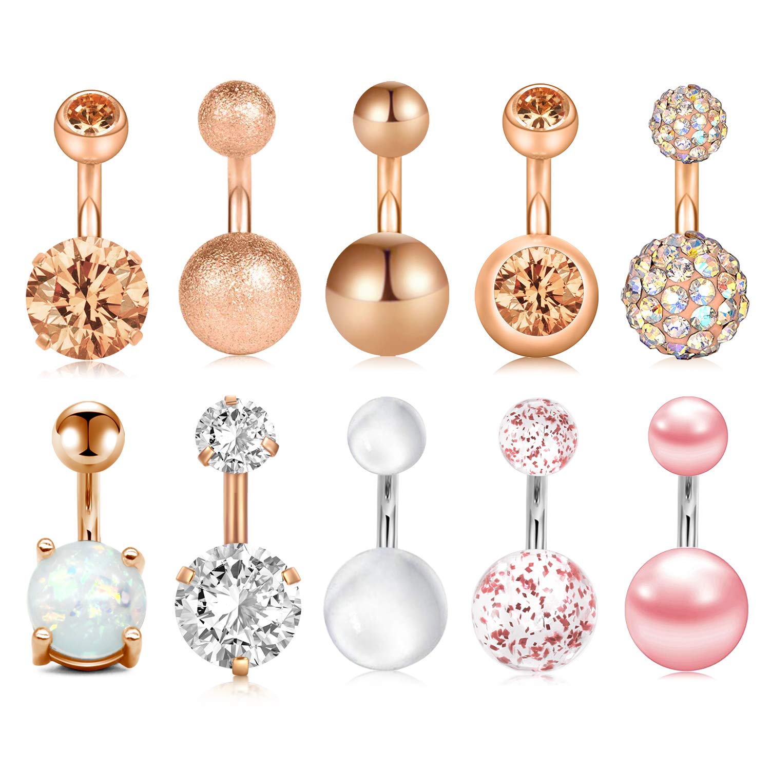 JFORYOU 10PCS 14G 316L Stainless Steel Womens Belly Button Rings for Girls Navel Rings 6mm Bannan Barbell Body Piercing Jewelry