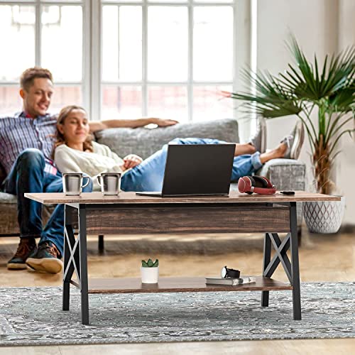 Yesker Farmhouse Coffee Table, Industrial Rustic Coffee Table Heavy Duty Two Tier Coffee Tea Table 45β with Shelf for Living Room, Accent Cocktail Table with Stronger Metal Frame Thicker Leg