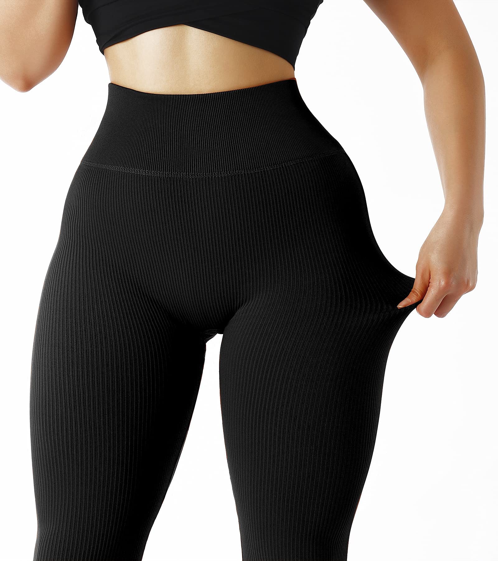 MOSHENGQI Womens High Waisted Seamless Ribbed Leggings Soft Slimming Yoga Pants(M,00-Purple)