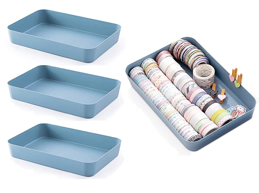 SERENITA Soft Plastic Drawer Organizer Storage Tray Bins Set for Kitchen Dresser Bathroom Bedroom Office Desk Closet. (4 Large Blue)