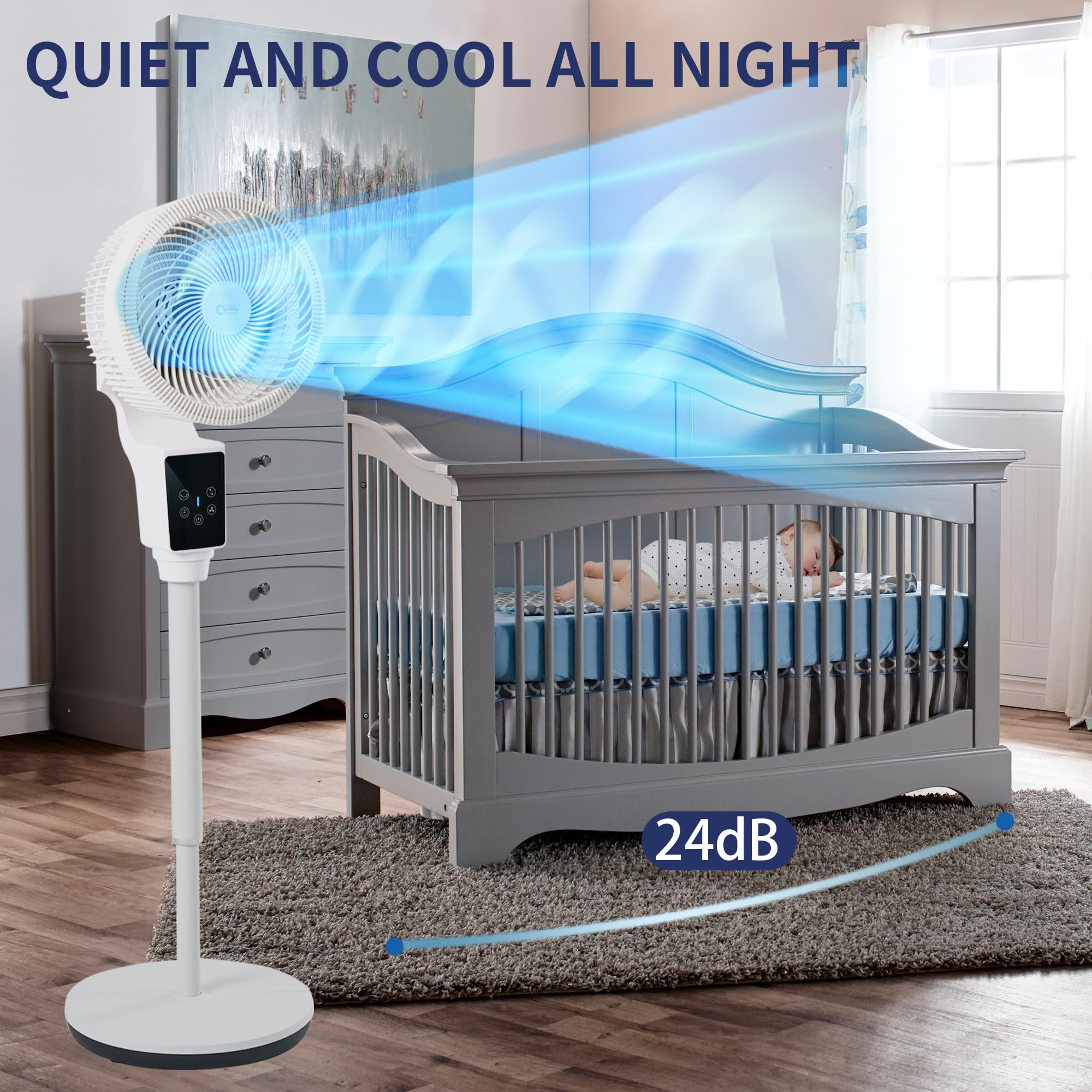QTREE intelligence Oscillating Pedestal Fan, 360° Air Circulator Fan, 43.3inch Adjustable Height 11.8'' Standing Fan, Timer, 3 Modes, Smart Remote Control for Home, Office, Kidroom,Living Room