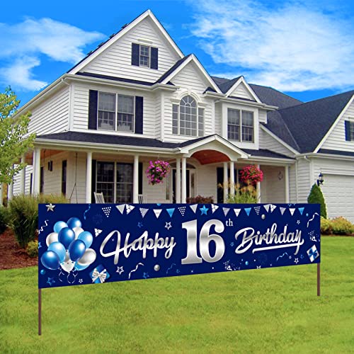 Lnlofen Blue Silve 16th Birthday Banner Decorations, Happy 16 Birthday Yard Banner Sign for Boys, Sweet 16 Year Old Birthday Background Décor for Indoor Outdoor