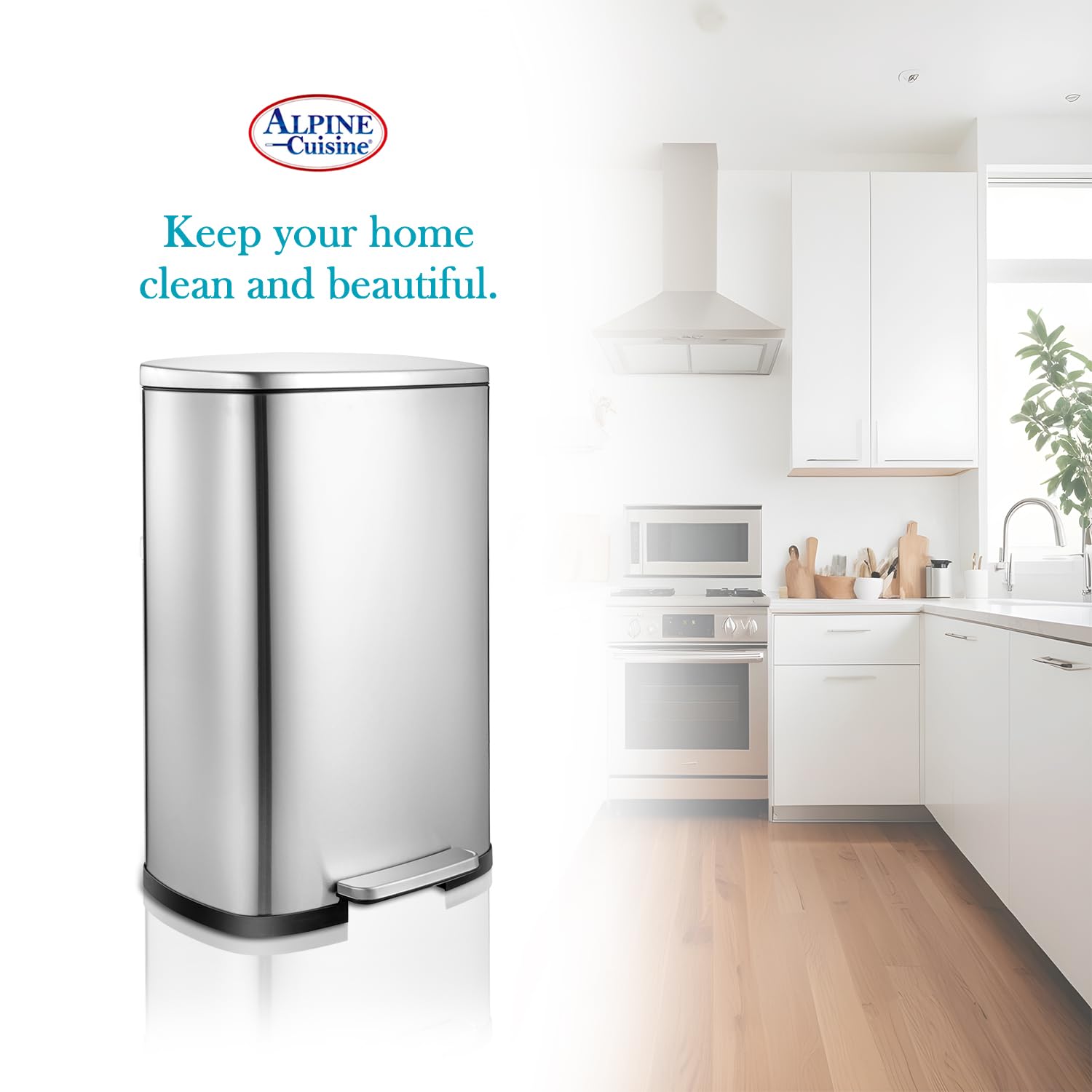 Stainless Steel Step Trash Bin - 13 Gallon (50L) Rectangular Pedal Bin with Soft Close Lid & Removable Inner Bucket, Fingerprint-Resistant Kitchen Trash Can, Ideal for Home, Office, or Commercial Use