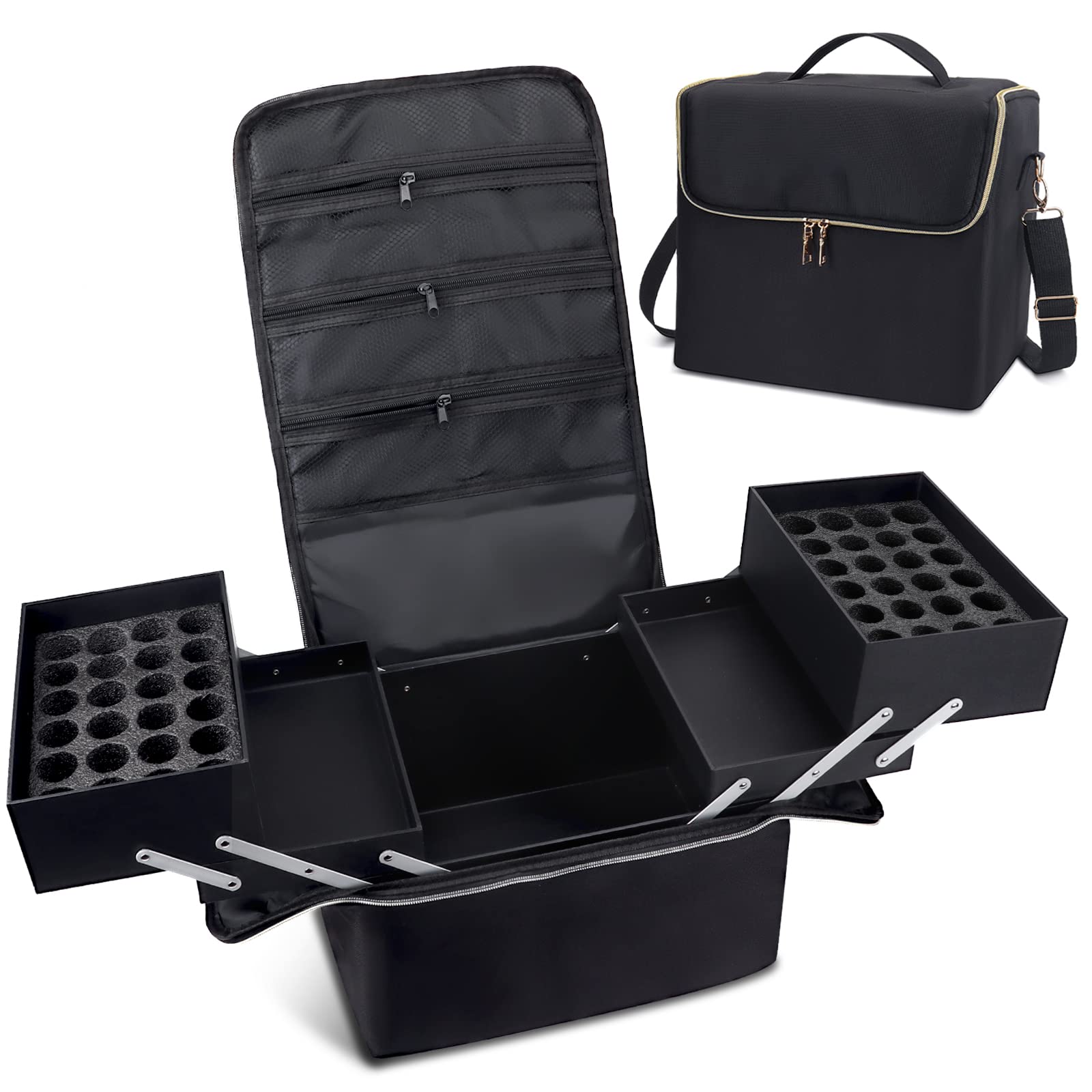 Quaferen Makeup Train Case, Large Plus Size Cosmetic Organizer, 4 Tier Nail Tech Supply Storage, Black Waterproof Nail Polish Organizer Bag for Travel