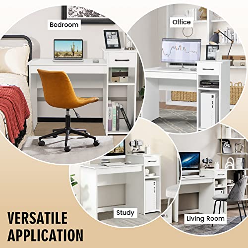STAKOL White Desk with Drawers, Compact Study Writing Table, PC Laptop Workstation with CPU Stand & Shelves, Computer Desk for Small Space Home Office (White)