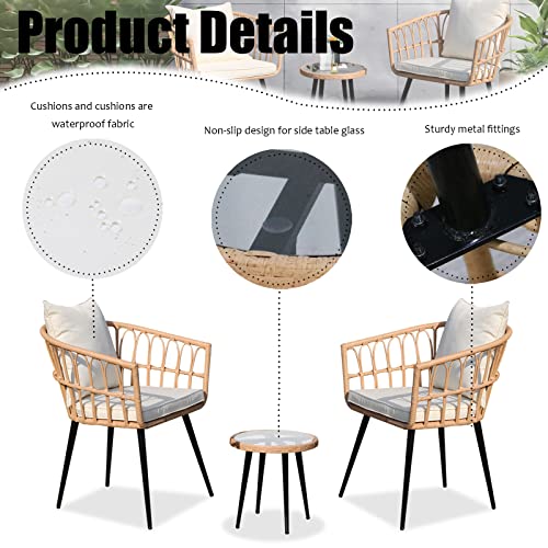SoarFlash 3 Pieces Outdoor Wicker Bistro Set Rattan Conversation Set with Coffee Table, Patio Chair Set for Lawn, Garden,Backyard, Beige