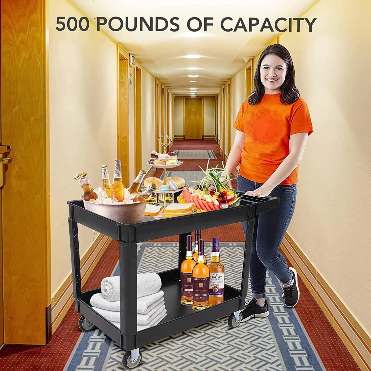 Service Utility Cart 2-Shelf Utility/Service Cart, 500-Pound Capacity, Storage Handle, for Warehouse/Garage/Cleaning/Manufacturing,45"X25"
