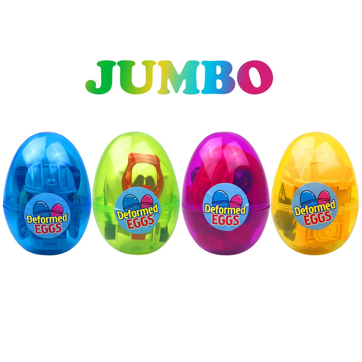 Pinkiwine 4 Pack Jumbo Vehicle Deformation Prefilled Easter Eggs with Toys Inside for Kids Girls Boys Easter Gifts Easter Basket Stuffers Fillers