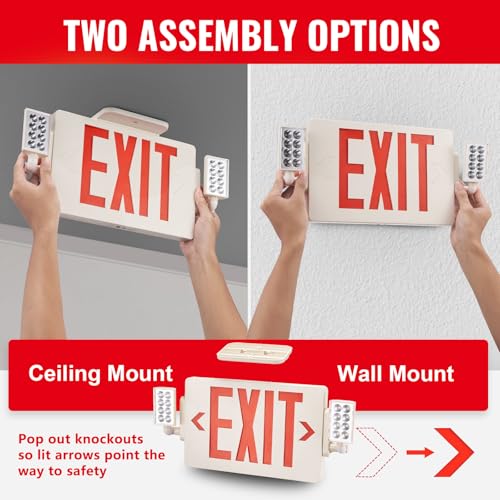 Zoorse LED Exit Sign with Emergency Lights, Dual-Head Battery Backup, Combo Red Letter Fire Exit Lighting, Commercial Exit Sign for Business, UL Tested