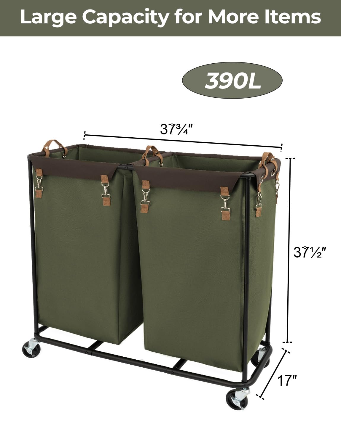 StorageWorks Laundry Sorter Cart with 2 Sections, 390L Laundry Cart with Wheels, Extra Large Double Laundry Hamper, Laundry Basket Divider for Hotel, Home, Green, 1-Pack