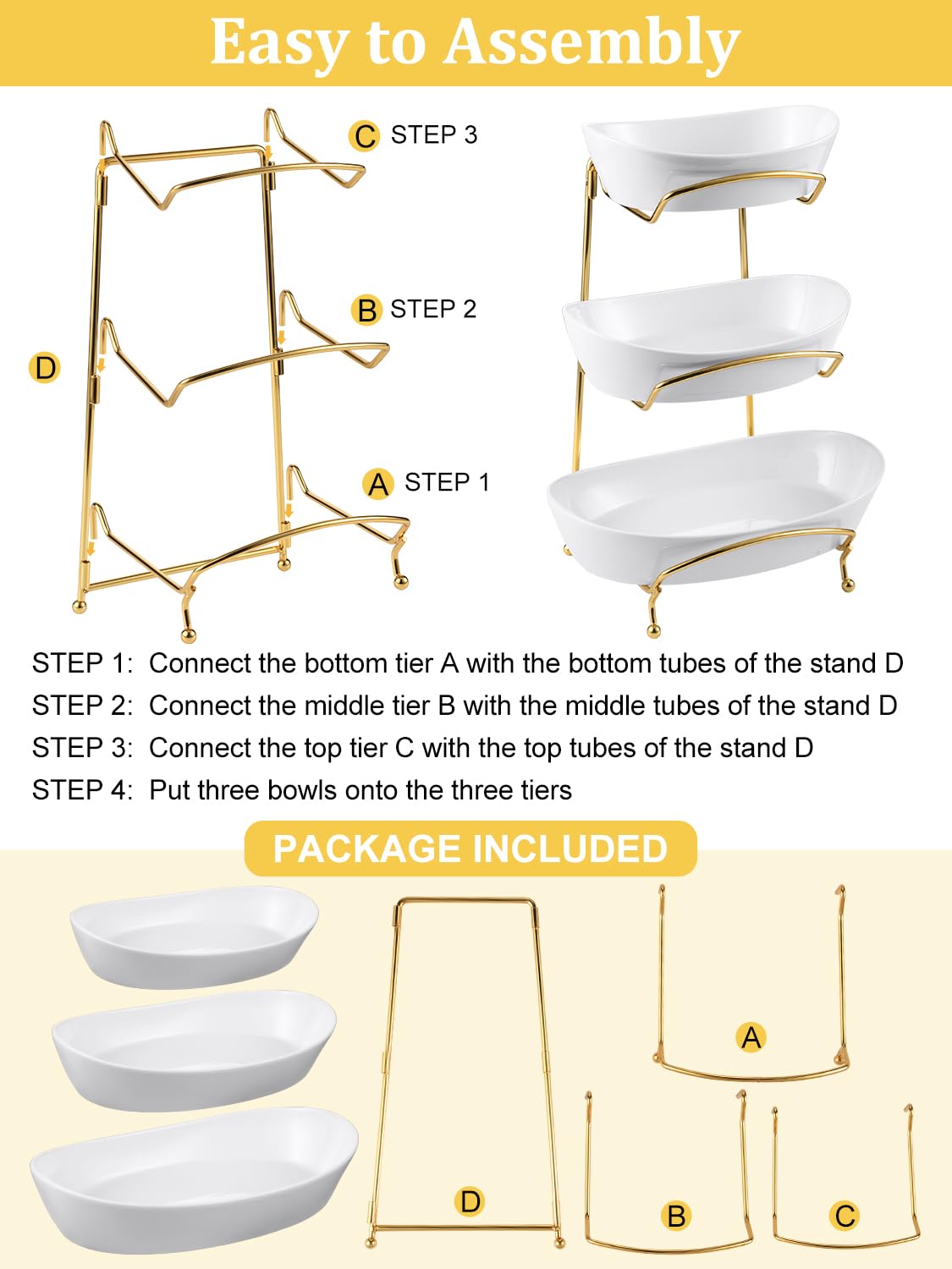 Yedio Fruit Bowls for Kitchen Counter, 3 Tier Ceramic Fruit Basket with Serving Bowls Metal Stand, Tiered White Porcelain Bowls for Fruit Vegetable Storage, Snack, Nuts, Cake, Dessert
