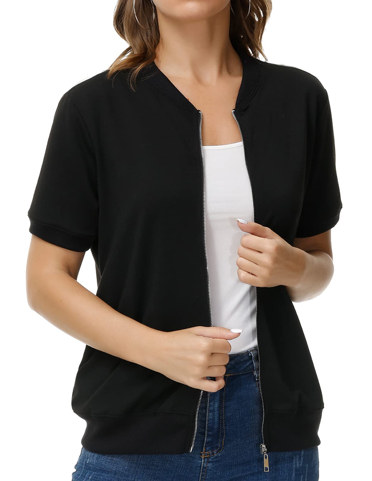 KANCY KOLE Sweatshirt for Women Zip Up Pullover Shirt Lightweight Short Sleeve Jackets with Pockets(XL,Black)