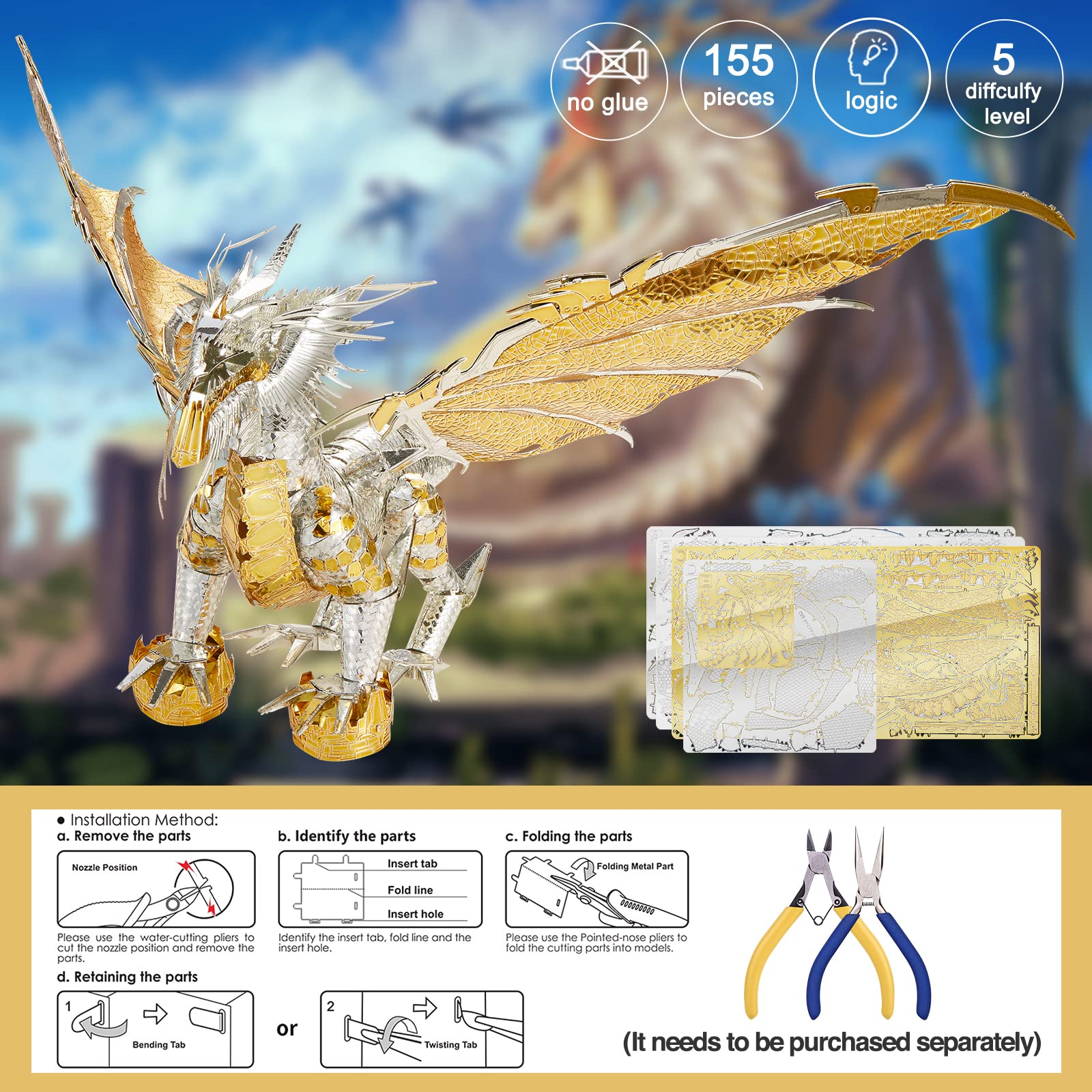 Piececool 3D Metal Puzzles for Adults, Glorystrom Dragon 3D Metal Model Kits, Brain Teaser Puzzles DIY Assembling Crafts for Stress Relief, Great Birthday Gift