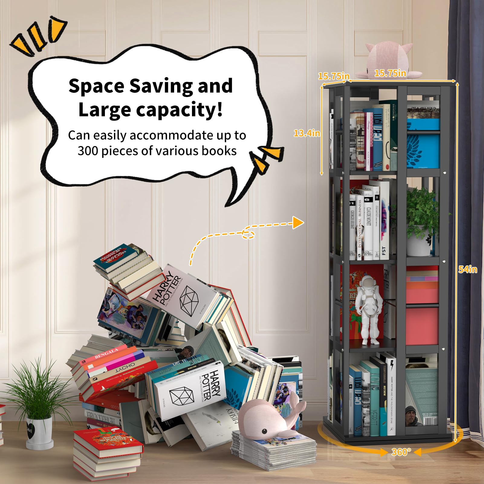 ZORA-KING Rotating Bookshelf, 360 Display Spinning Bookshelf, 4 Tier Floor Standing Bookcase Storage Rack for Kids&Adults, Narrow Shelf Revolving Bookcase for Small Space, Living Room, Study Room