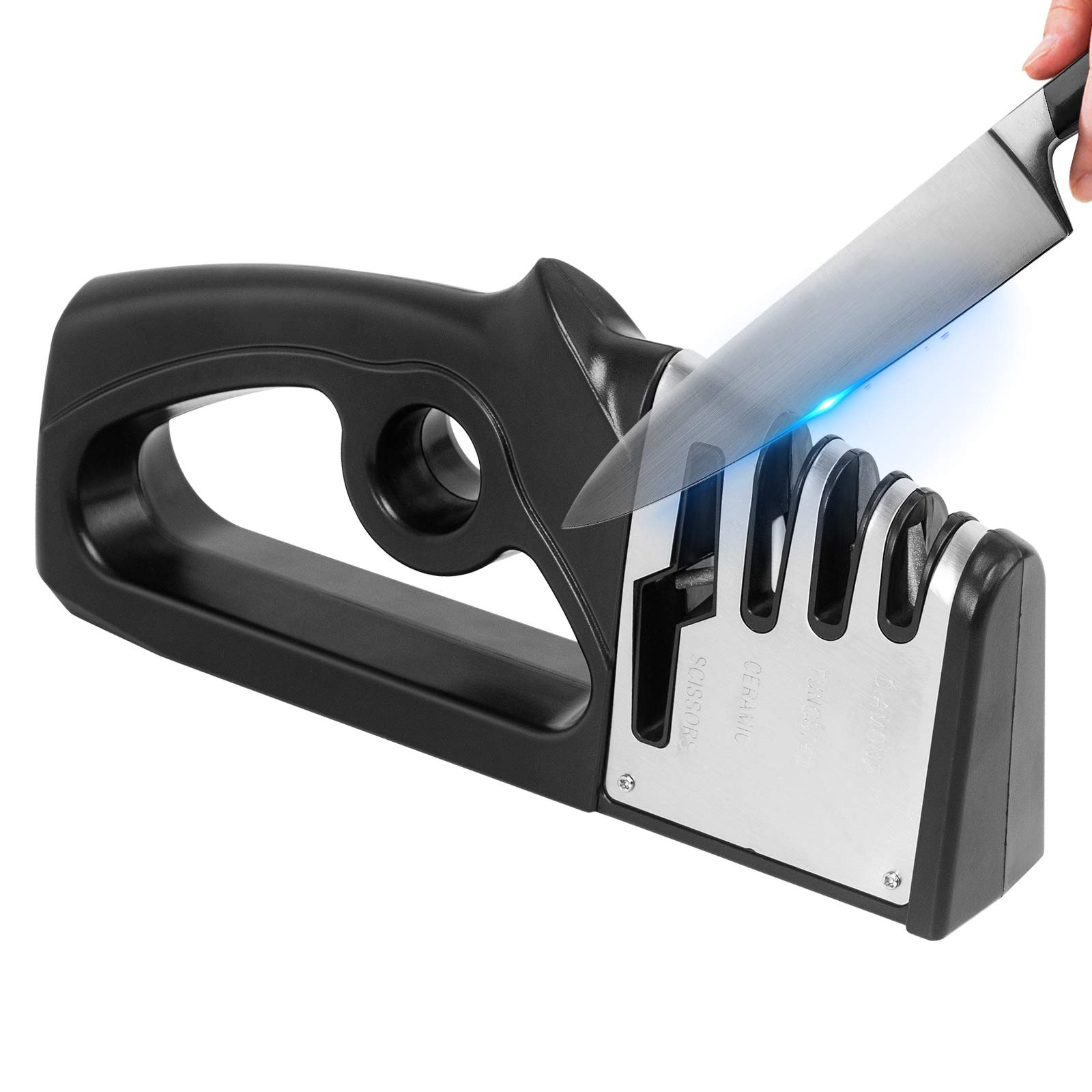 Knife Sharpener, 4-in-1 Kitchen Knife Accessories, Manual Knife&Scissor Sharpener, Handheld House knife sharpener for All Sized Household Knives and Scissors (B-02)
