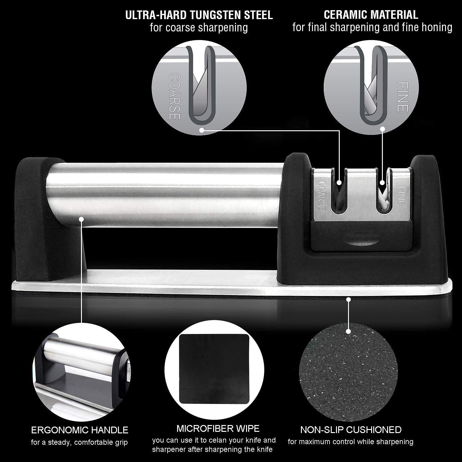 Knife Sharpener Kitchen Knife Accessories, HWTONG 2-Stage Knife Sharpener Helps Repair, Restore, Polish Blades and Microfiber Wipe