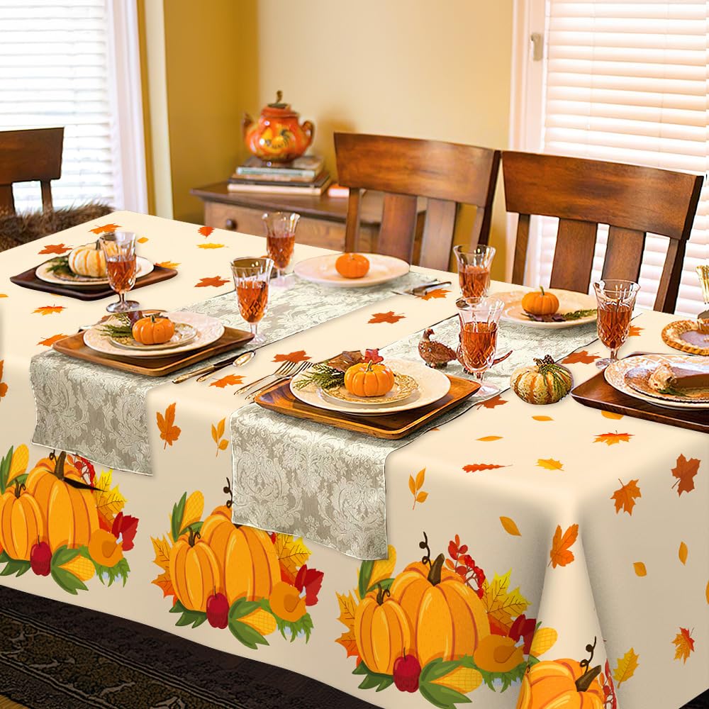 Thanksgiving Tablecloth Disposable, Fall Tablecloth, 2 PCS Friendsgiving Tablecloth, Plastic Autumn Pumpkins Maple Leaves Harvest Table Cover for Thanksgiving Party Decorations Table Decor, 54βx108β