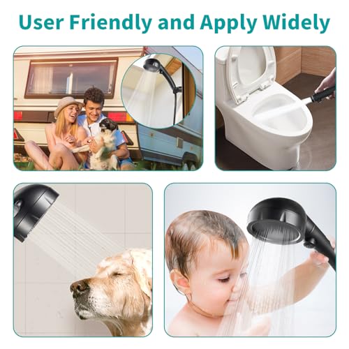 MIAOHUI Modern Handheld Shower Head with On/Off Switch, 3 Spray Settings, Removable Shower Head with Hose, Angle Adjustable Shower Bracket, Teflon Tape, Black