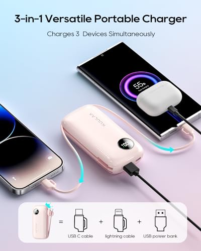 Kuulaa Portable Charger with Built in Cables 10000mAh USB C Power Bank Fast Charging LCD Display Battery Pack Charger Portable 3 Outputs for iPhone Pixel Samsung Android, Pink