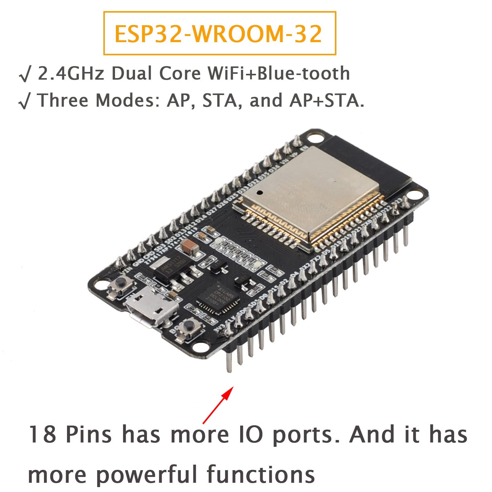 RCmall 18Pins ESP32-WROOM-32 Development Board ESP32 Devekit V1 NodeMCU-32S WiFi+BT BLE Combo Dual-core Dev Module for Arduino IDE, with Expanding Board