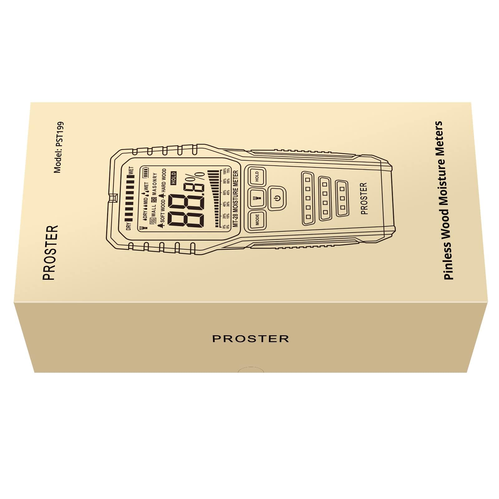 Proster Pinless Wood Moisture Meter, Non-Destructive Moisture Tester for Wood Wallboard Masonry;Detect up to 3/4 Inch Below Surface, Backlit Color LCD , Visual/Audible Alarm, with Storage Case