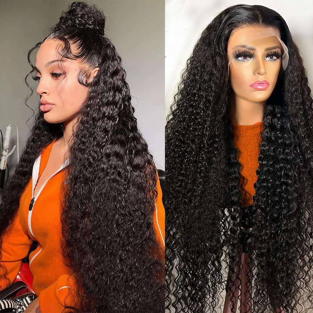 Hswpawk 13x6 Deep Wave Lace Front Wigs Human Hair HD Transparent Lace Front Wigs Human Hair Pre Plucked 180% Density Glueless Wigs Human Hair with Baby Hair Deep Curly Wigs for Women Natural Color 24