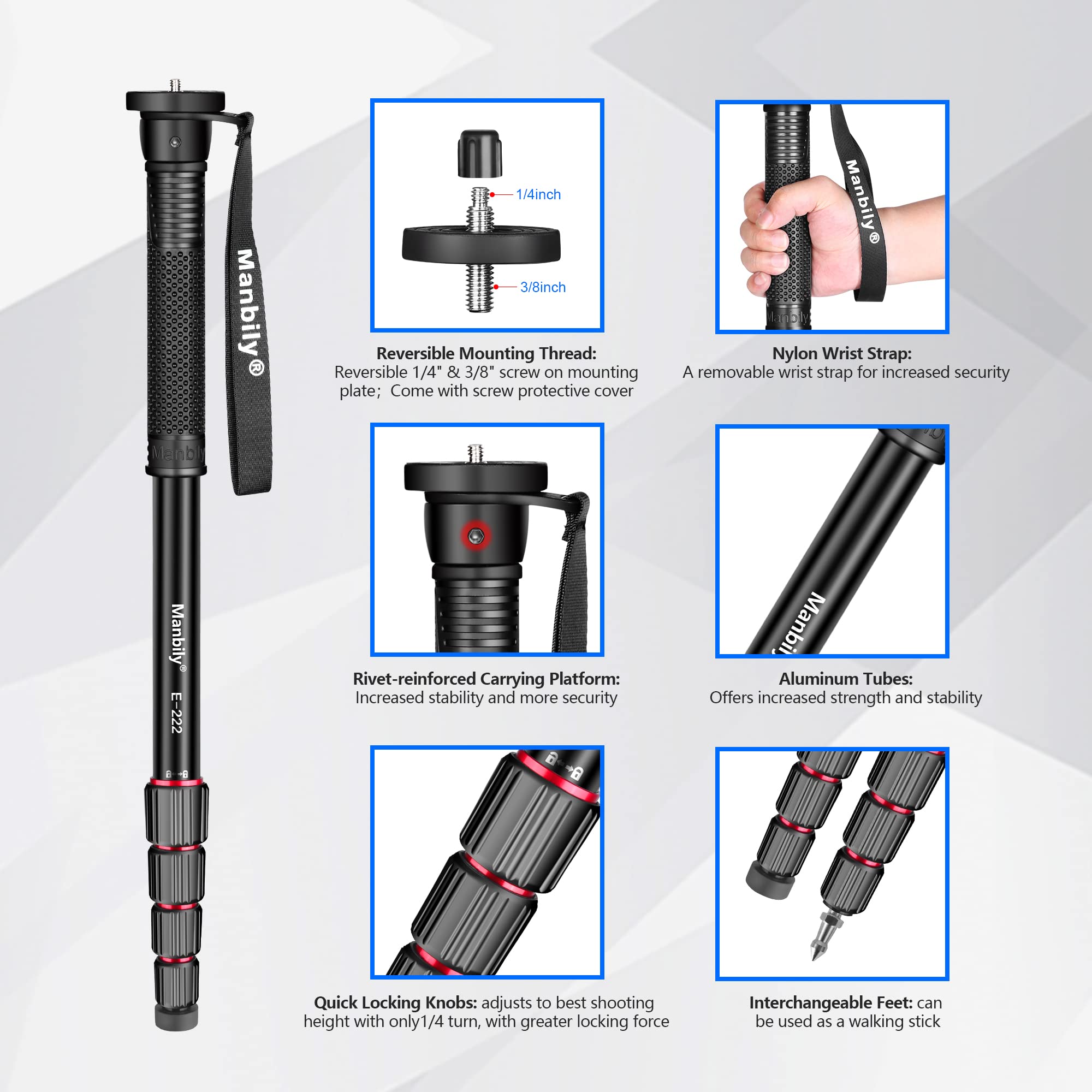 Manbily 65-Inch Camera Monopod, 5 Sections Aluminum Travel Monopod for Canon Nikon Sony DSLR Cameras Video Camcorder, Compact Portable Monopod Lightweight Walking Trekking Stick(E-222)