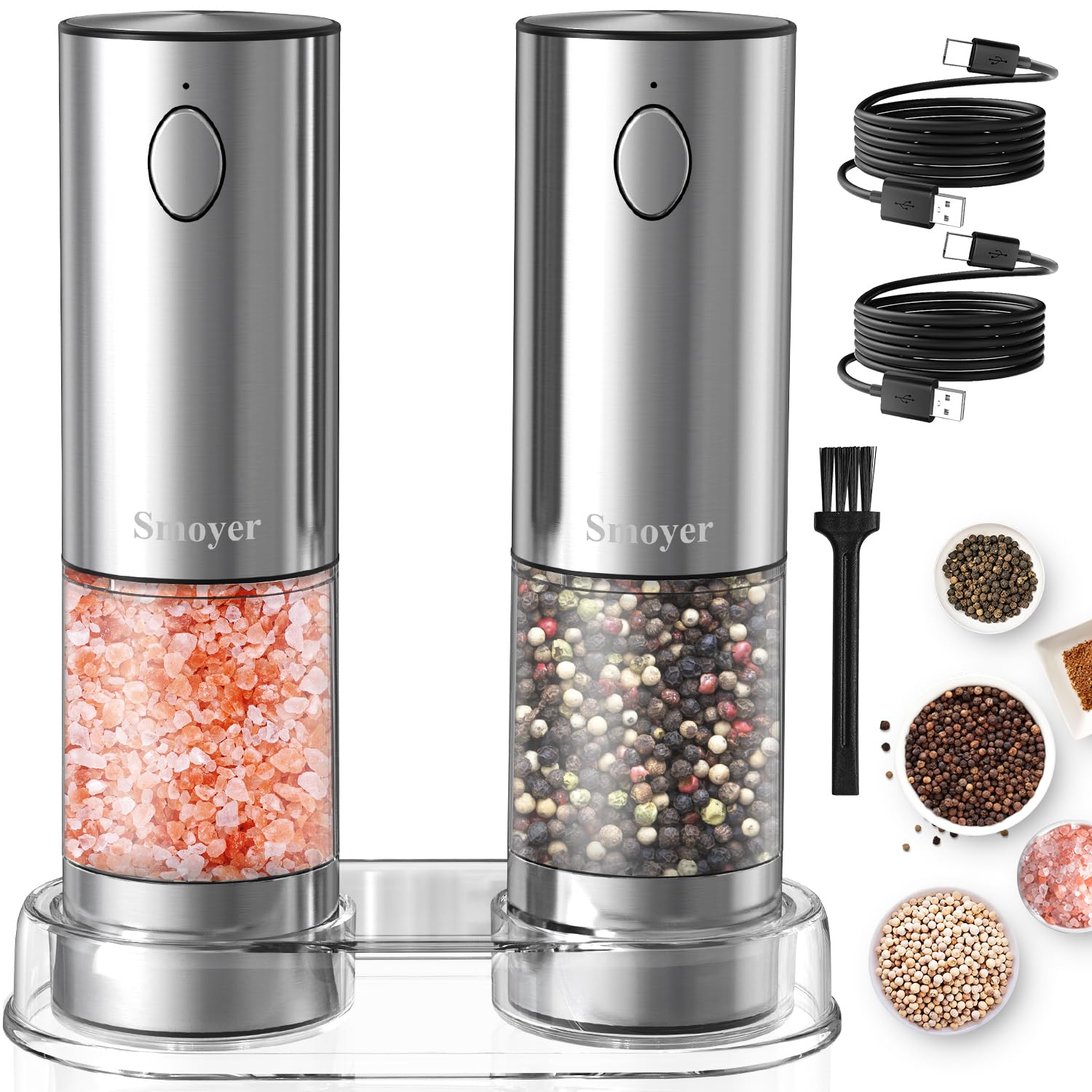 Rechargeable Salt and Pepper Grinder Set, Smoyer Stainless Steel Automatic Salt and Pepper Grinder Mill, Electric Pepper Shakers Set with Adjustable Coarseness and LED Light, Upgraded Larger Capacity