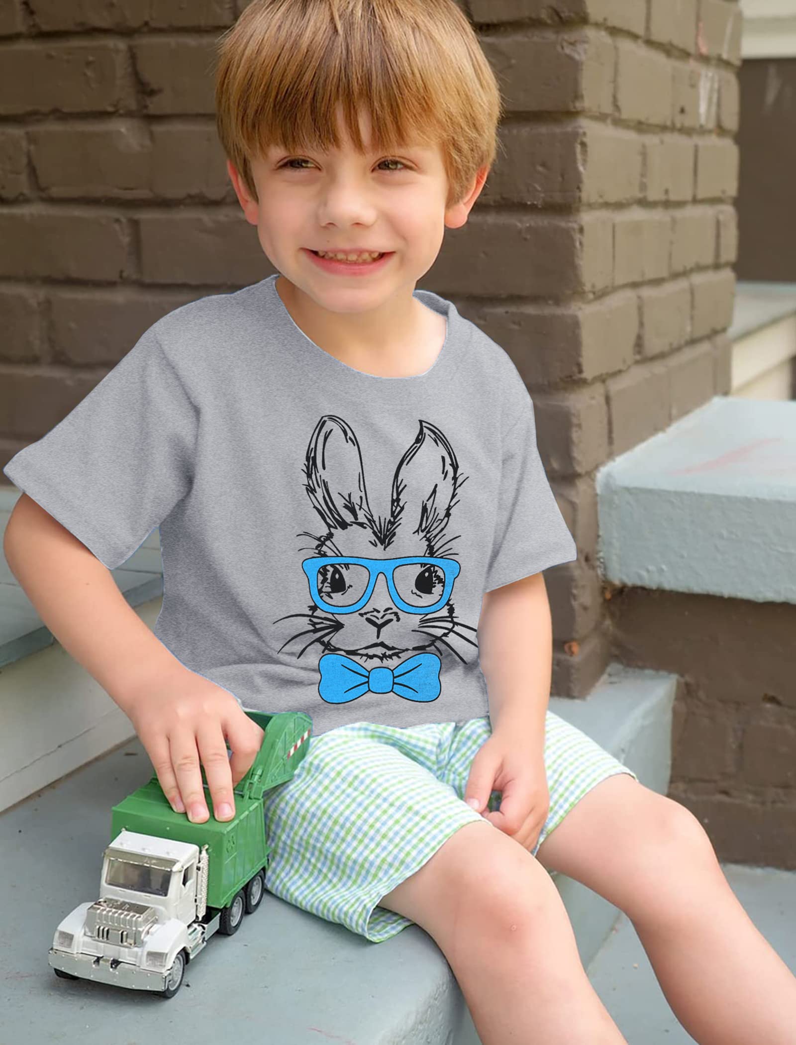Toddler Easter Bunny Shirts Cute Rabbit with Glasses Print Tshirt Happy Easter Short Sleeve Tee Tops Grey