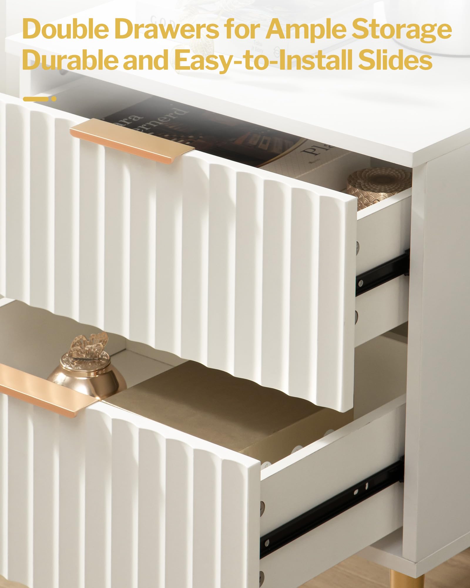 SICOTAS White Night Stand Set 2, Wide Fluted Nightstand with 2 Drawers, Modern Glossy Storage Bedside Table for Bedroom, End Side Table with Golden Metal Legs and Handles(2, White)