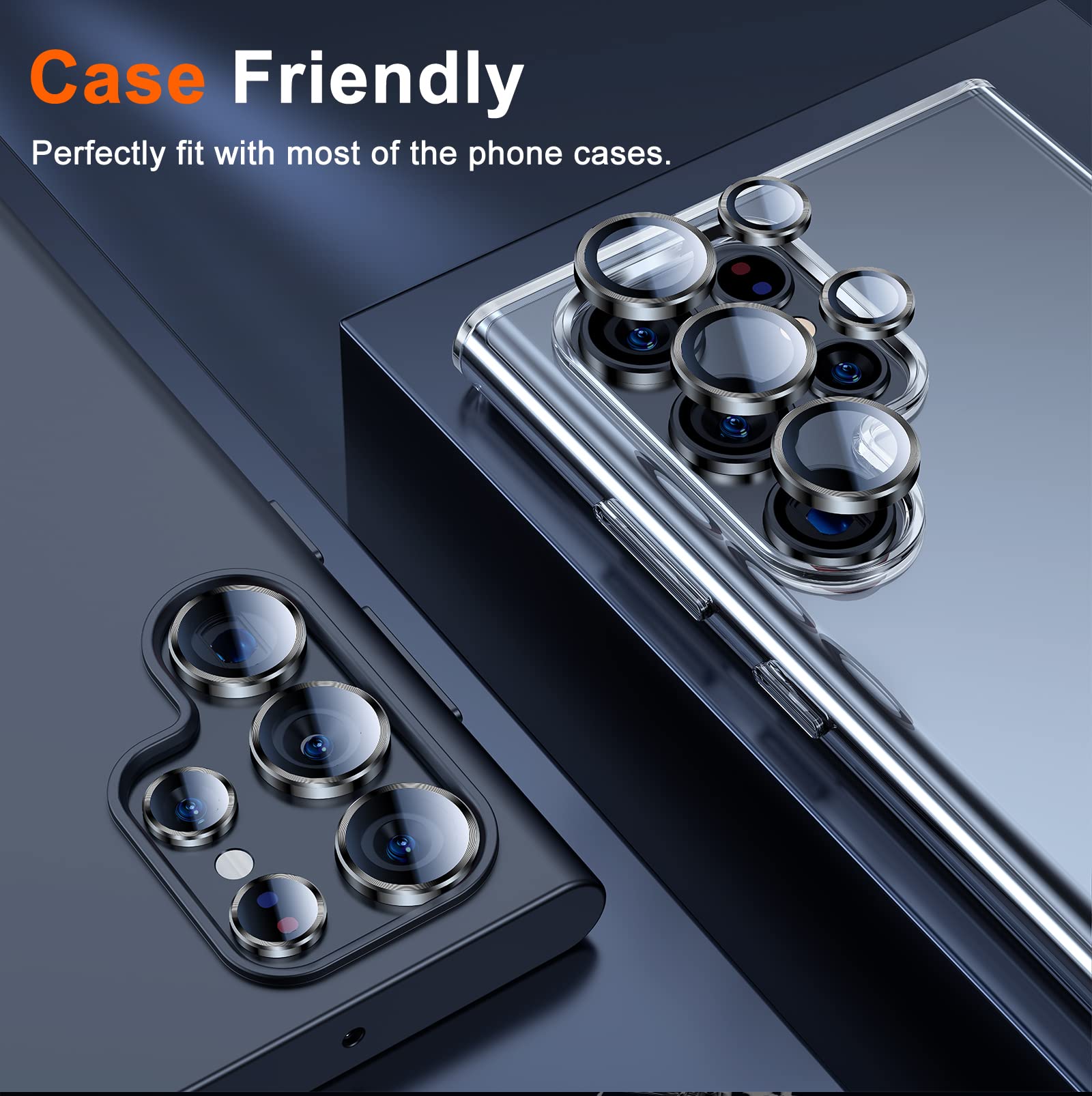 UniqueMe Camera Lens Protector for Samsung Galaxy S23 Ultra, 9H Tempered Glass Camera Cover Metal Individual Ring [Installation Tray][Removal tool]- Black