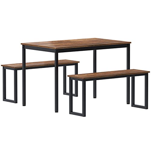 SogesHome 3-Piece Kitchen Dining Room Table Sets, 45ββ Table and 2 Benches for 4, Space-Saving Table Set for Restaurant, Coffee Shop, Living Room, Small Space