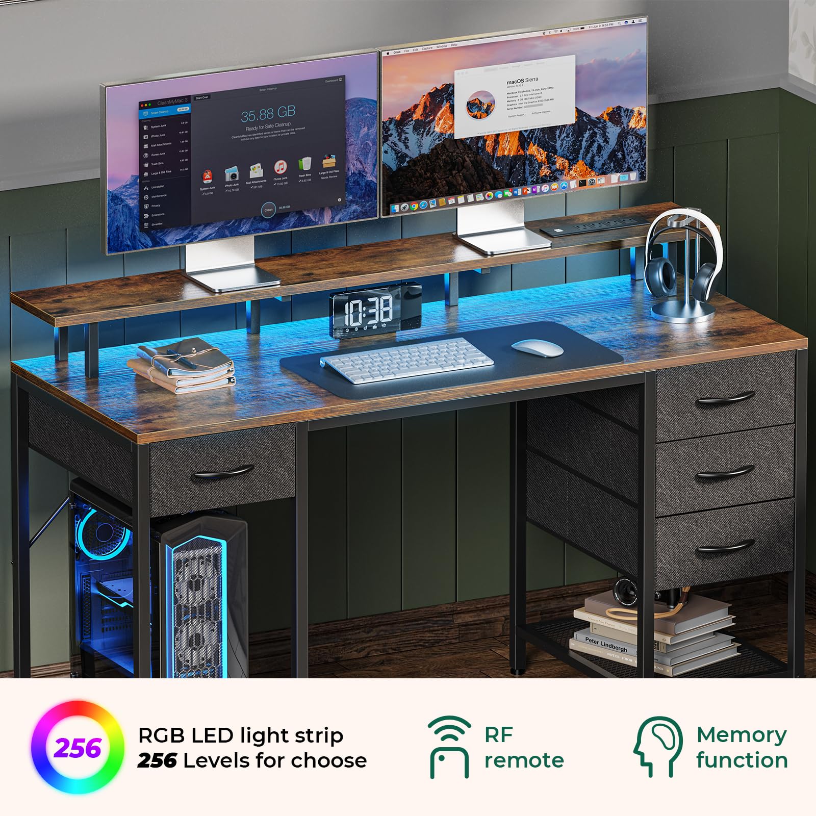 Huuger 55 inch Computer Desk with 4 Drawers, Gaming Desk with LED Lights & Power Outlets, Home Office Desk with Large Storage Space for Bedroom, Work from Home, Rustic Brown