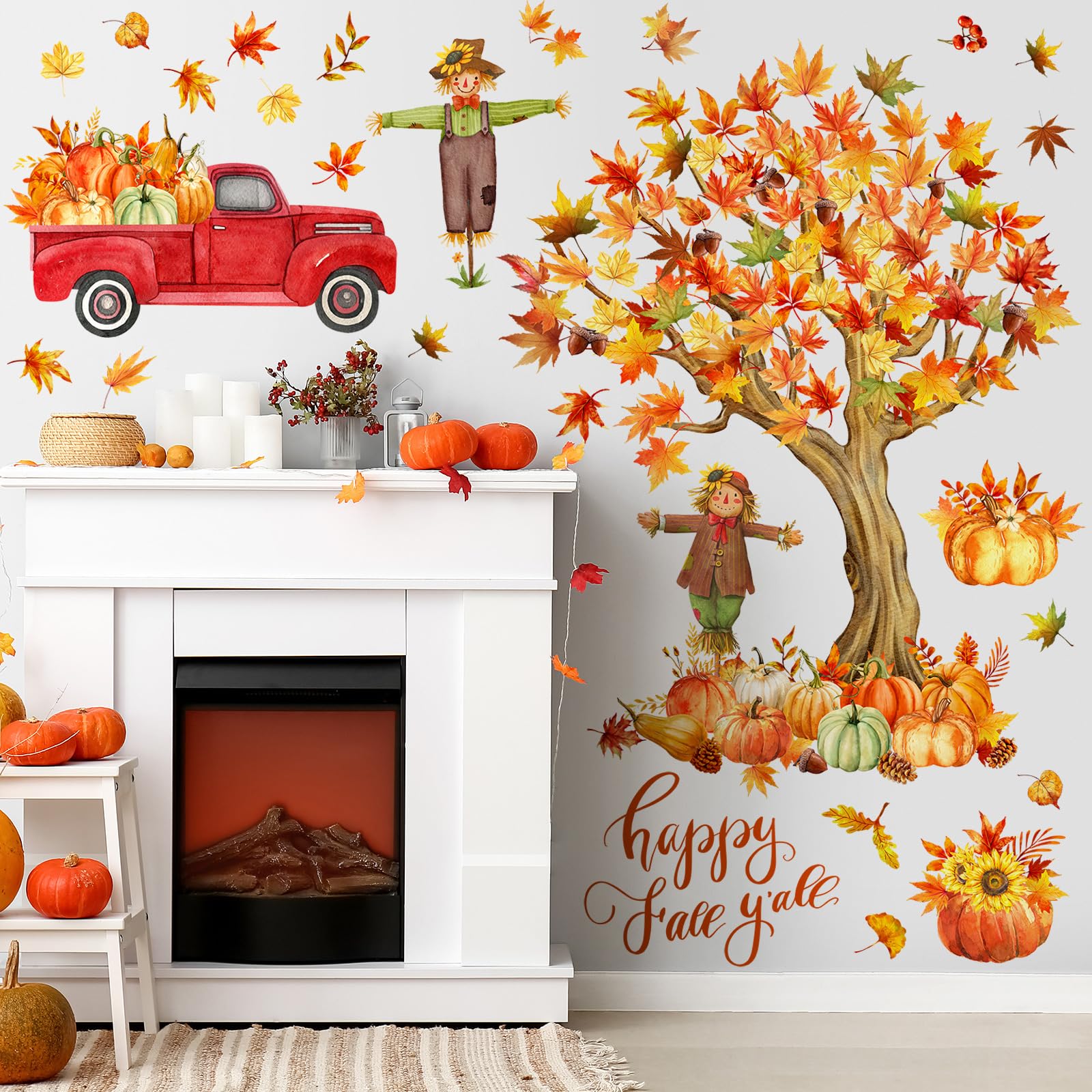 Resurhang Fall Maple Leaves Wall Decals Fall Tree Scarecrow Pumpkin Truck Wall Decor Sticker Thanksgiving Removable Fall Leaves Wall Decor Cute Autumn Wall Mural Art for Classroom Bedroom Decor