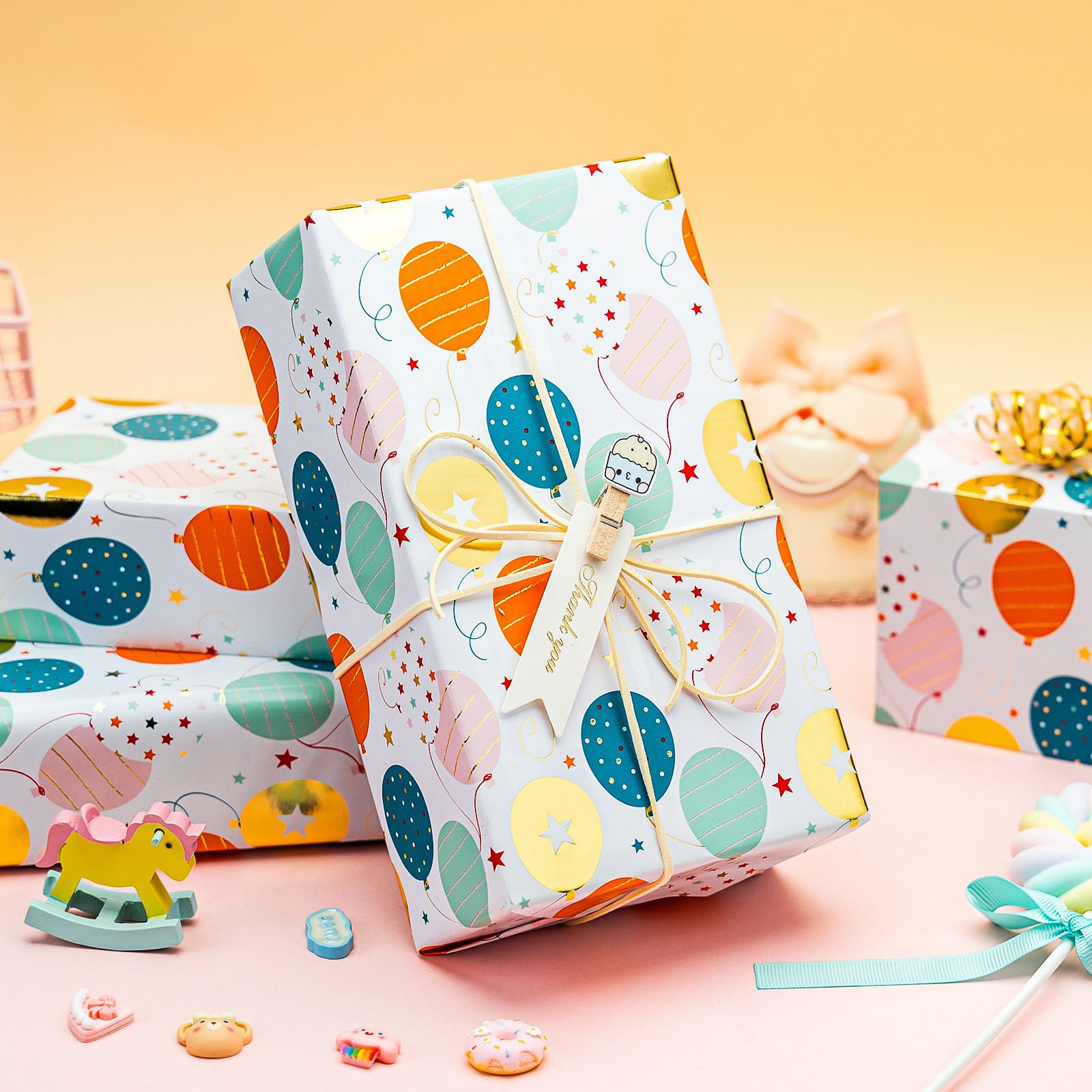 Retrify Birthday Wrapping Paper, Metallic Gold Gift Wrap Paper Roll, Colorful Balloon Cute Polka Dot Star Happy Birthday Design - 17 Inches x 32.8 Feet